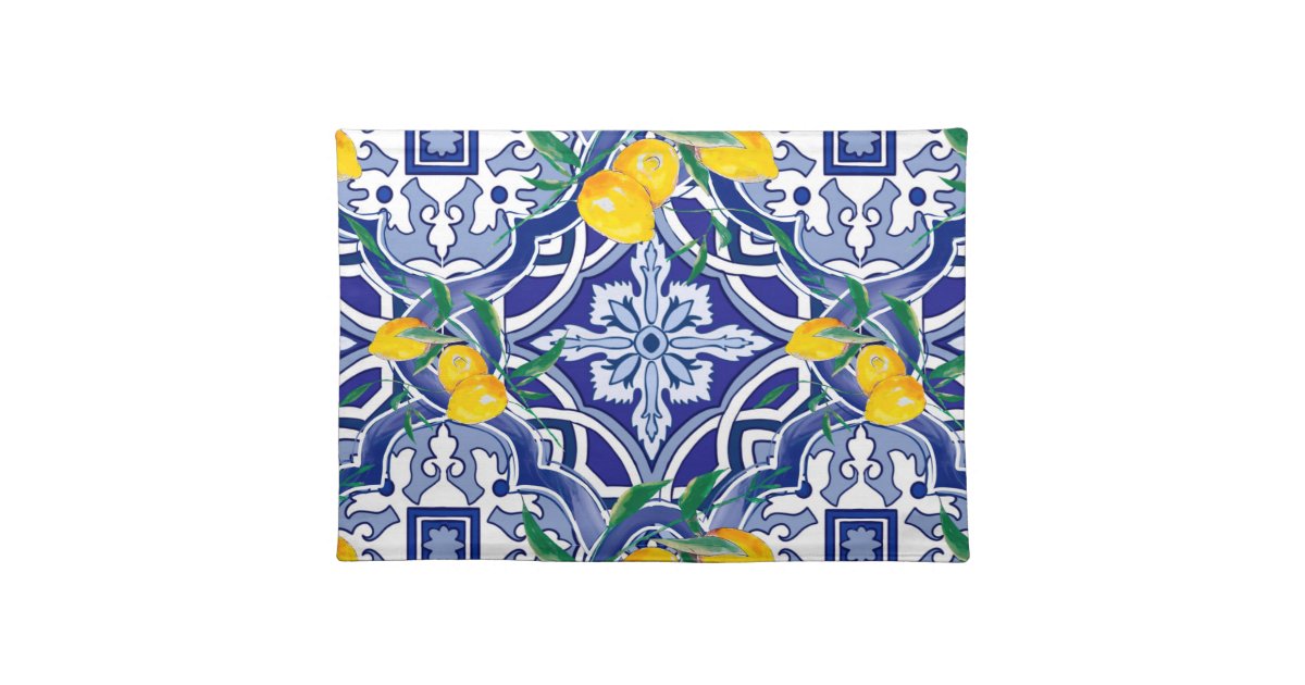 Blue tiles,Mediterranean tiles,majolica Cloth Placemat | Zazzle