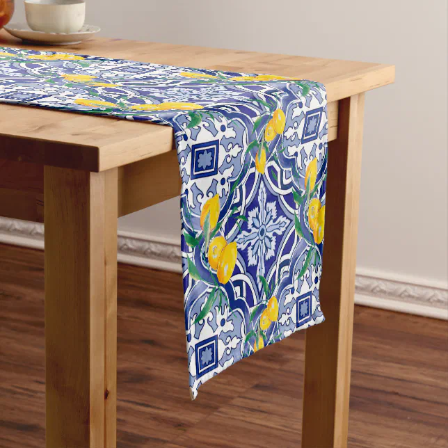 Blue tiles,Mediterranean tiles,majolica Short Table Runner | Zazzle