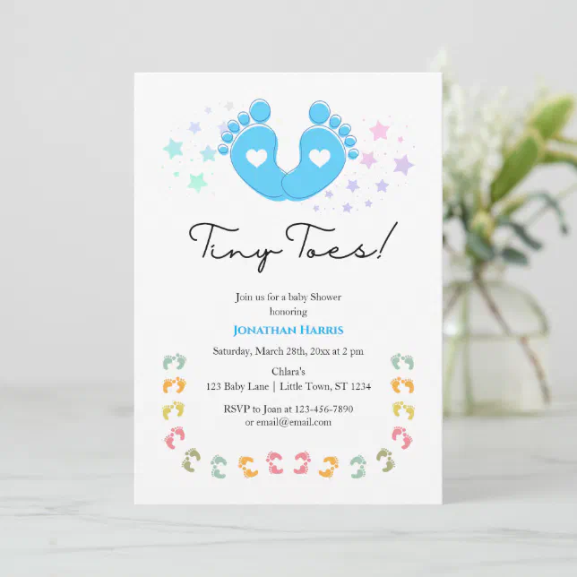 Blue Tiny Toes Baby Shower Invitation | Zazzle