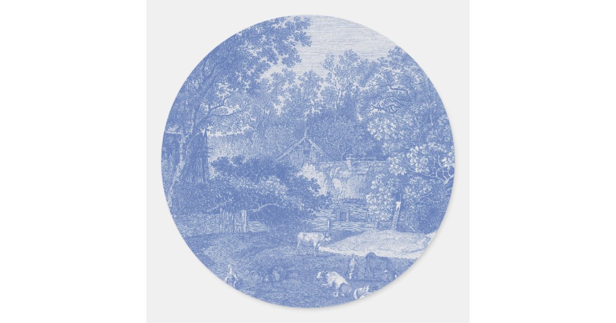 Blue Toil de Jouy French Country Shabby Elegance Classic Round Sticker ...