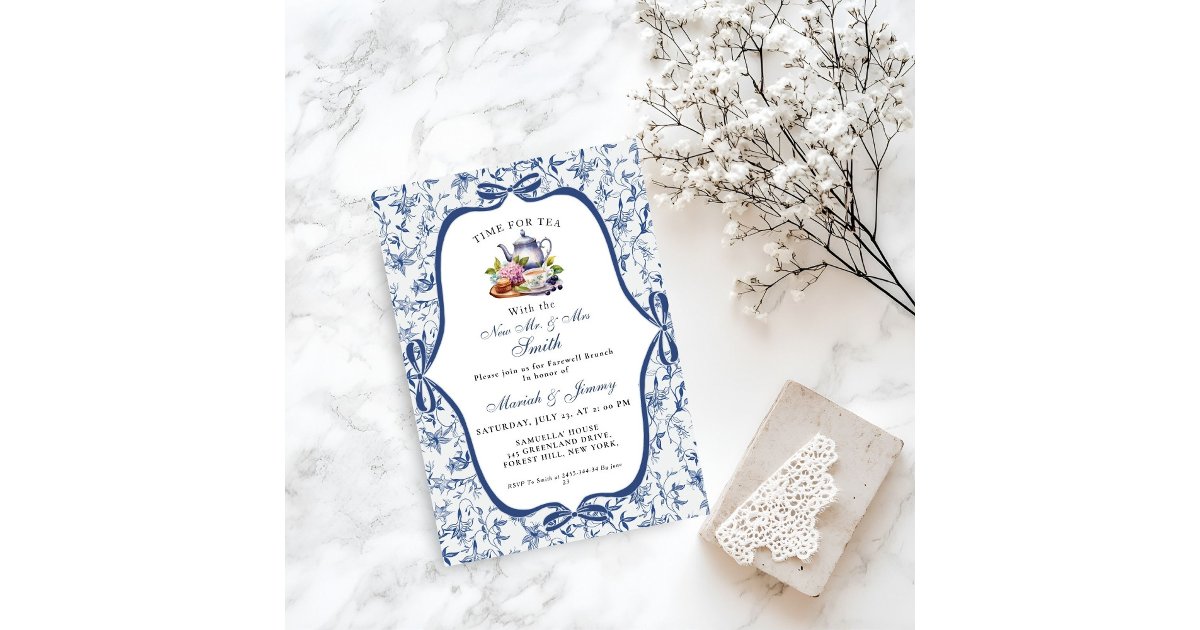 Blue Toile de jouy Tea Party Farewell Brunch Party Invitation | Zazzle