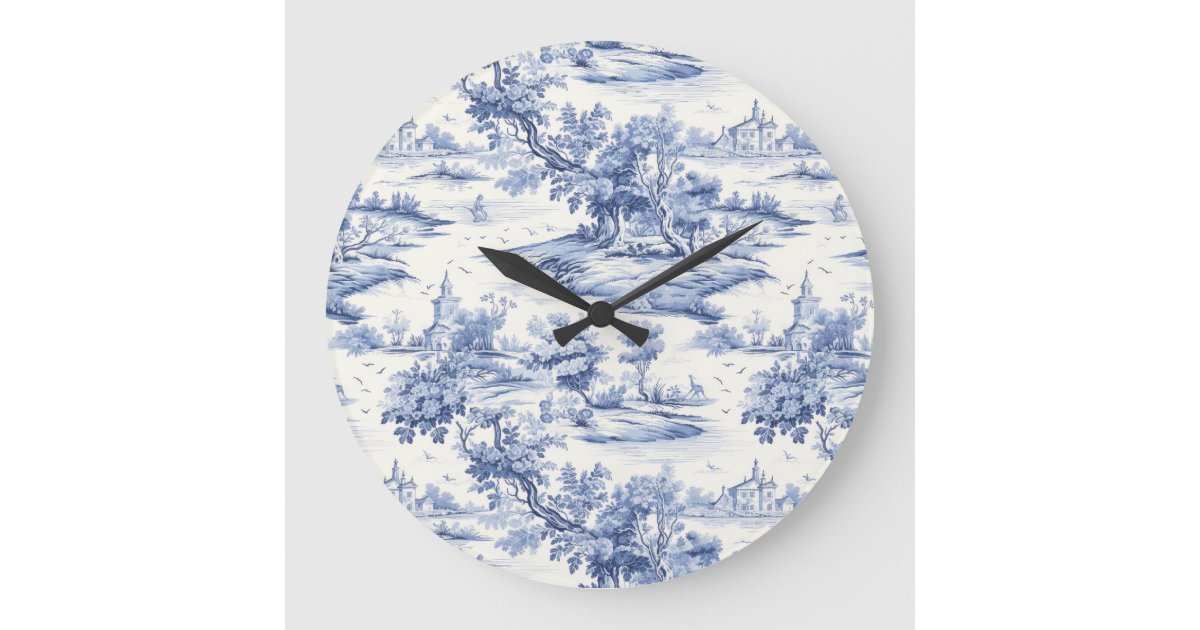 Blue Toile de Jouy Vintage Country Style design Large Clock | Zazzle