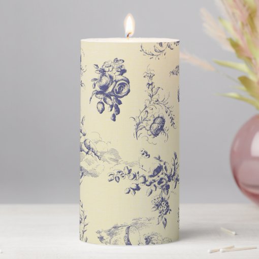 Blue Toile French Country Cherub Pattern Pillar Candle | Zazzle