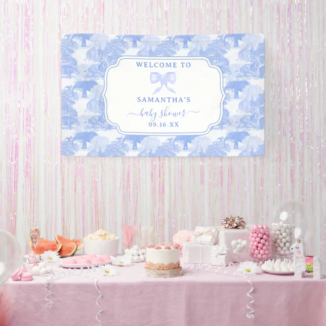 Blue Toile Jungle Animals Safari Chinoiserie Baby Banner | Zazzle