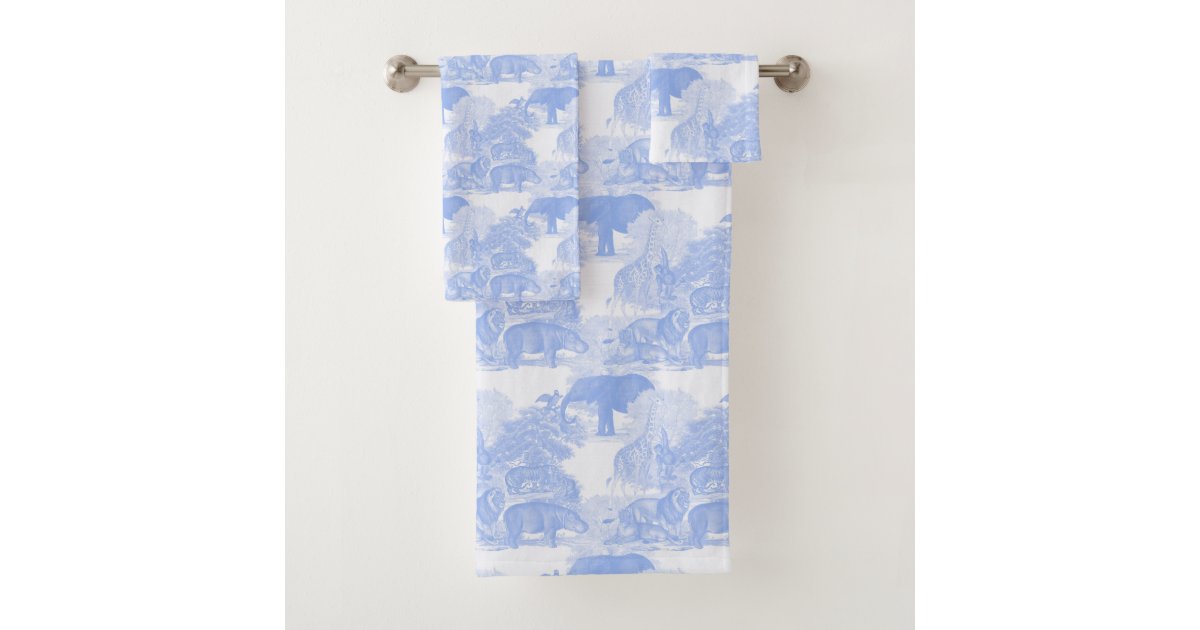 Blue Toile Jungle Animals Safari Chinoiserie Boy Bath Towel Set | Zazzle