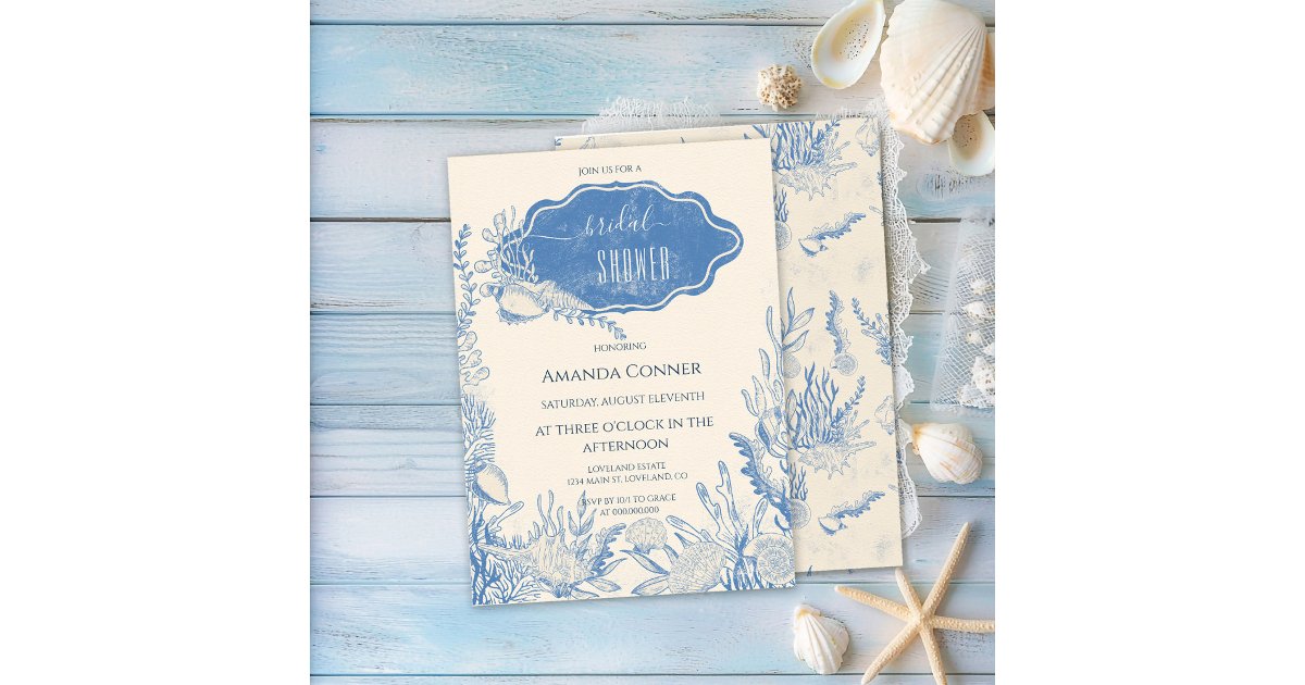 Blue toile ocean themed Bridal Shower Invitation | Zazzle