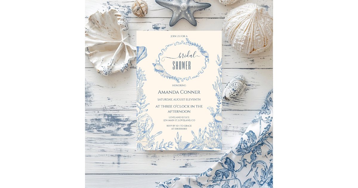 Blue toile ocean themed Bridal Shower Invitation | Zazzle