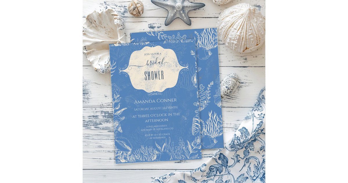 Blue toile ocean themed Bridal Shower Invitation | Zazzle