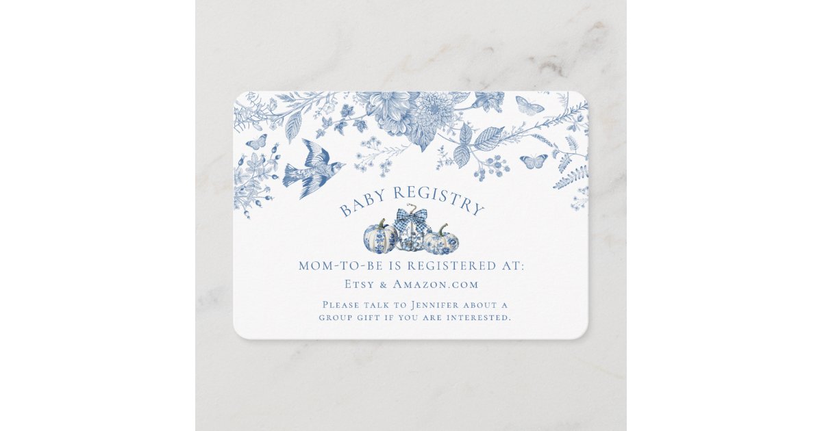 Blue Toile Pumpkin Vintage Floral Baby Registry Enclosure Card | Zazzle