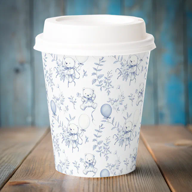 Blue Toile Teddy Bear Baby Shower Paper Cups | Zazzle