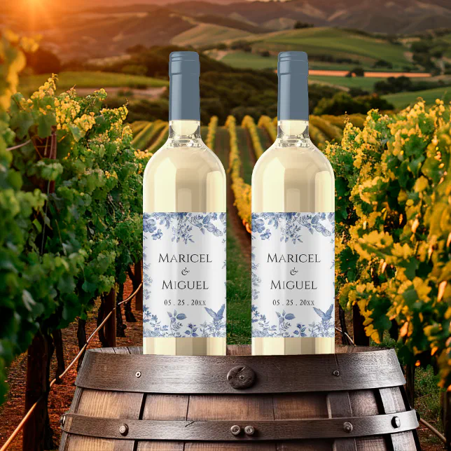 Blue Toile Vintage Wedding Wine Label | Zazzle
