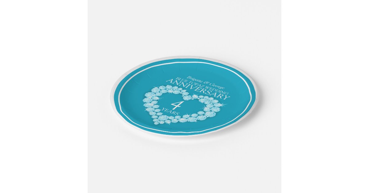 Blue topaz Anniversary heart 4 years paper plate | Zazzle