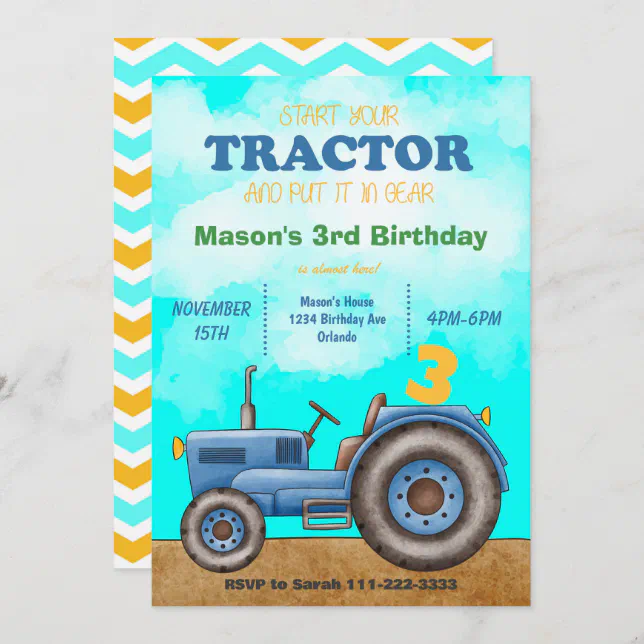 Blue Tractor Birthday Invitation | Zazzle