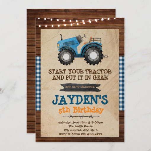 Blue tractor birthday party invitation | Zazzle