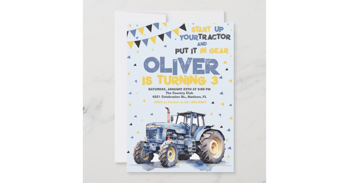 Blue Tractor Birthday Party Invitation | Zazzle