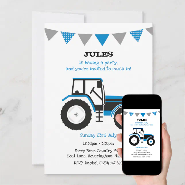 Blue Tractor Birthday Party Invite | Zazzle