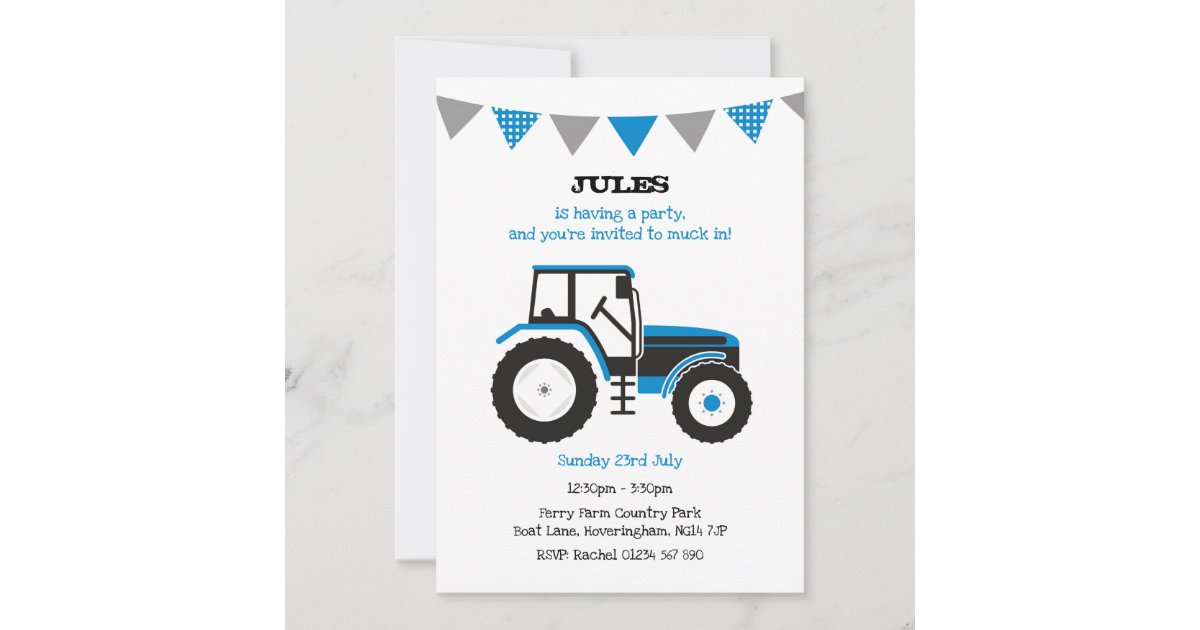 Blue Tractor Birthday Party Invite | Zazzle