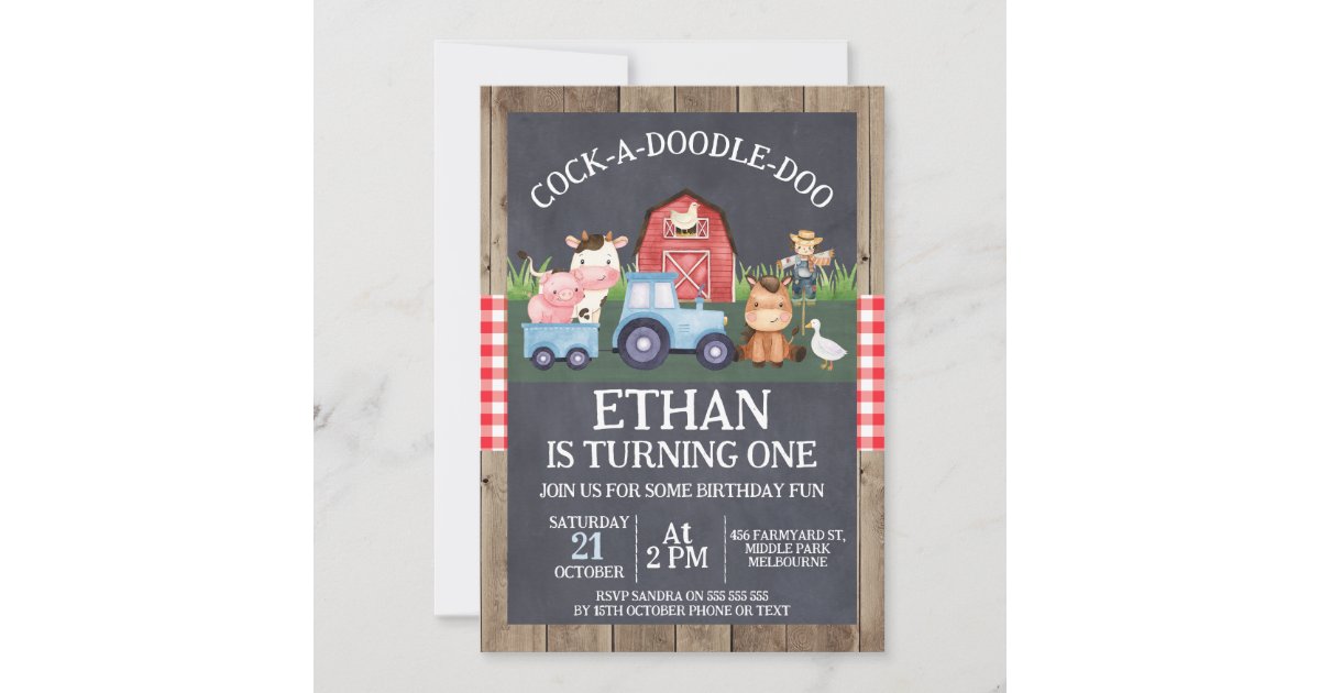 Blue Tractor Chalkboard Wood Farm Birthday Invitation | Zazzle