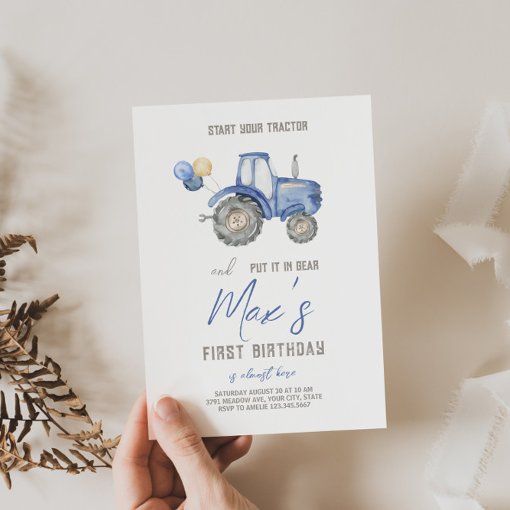 Blue Tractor Theme Birthday Invitation | Zazzle