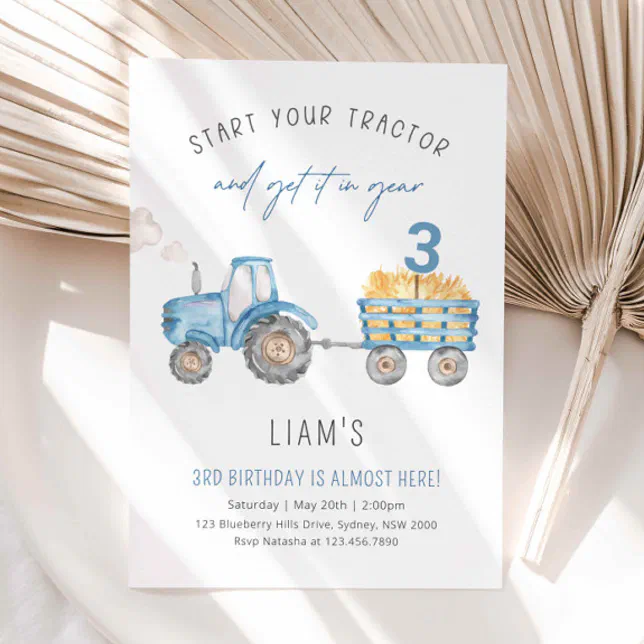 Blue Tractor & Trailer Any Age Birthday Party Invitation | Zazzle