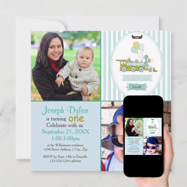 Blue Train 2 Photo Kids - Birthday Invitation | Zazzle