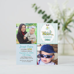 Blue Train 2 Photo Kids - Birthday Invitation | Zazzle