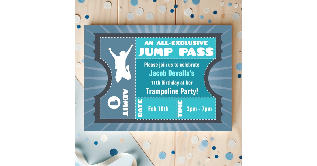 Blue Trampoline Jump Pass Invitation | Zazzle