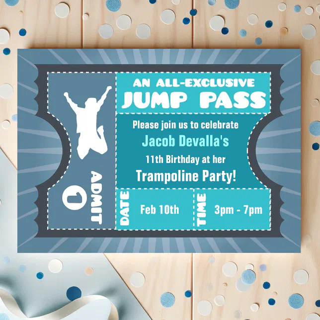 Blue Trampoline Jump Pass Invitation | Zazzle