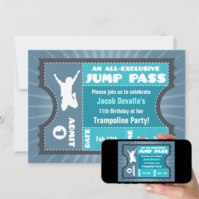 Blue Trampoline Jump Pass Invitation | Zazzle