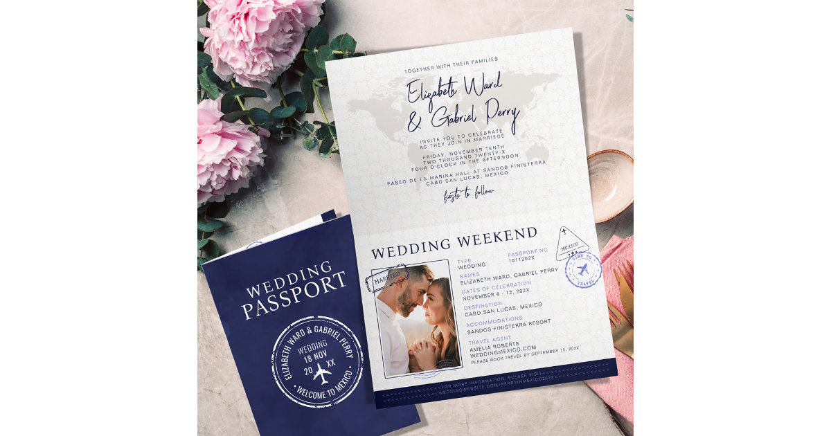 Blue Travel Passport Destination Wedding Invitation | Zazzle