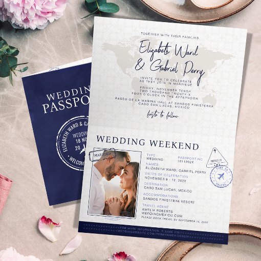 Blue Travel Passport Destination Wedding Invitation | Zazzle
