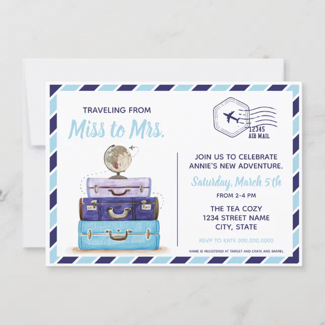 Blue travel theme bridal shower invitation | Zazzle