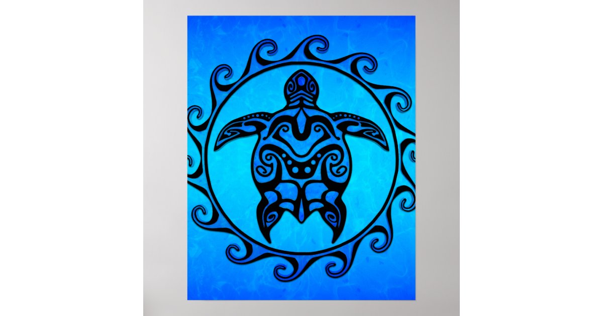 Blue Tribal Turtle Sun Poster | Zazzle