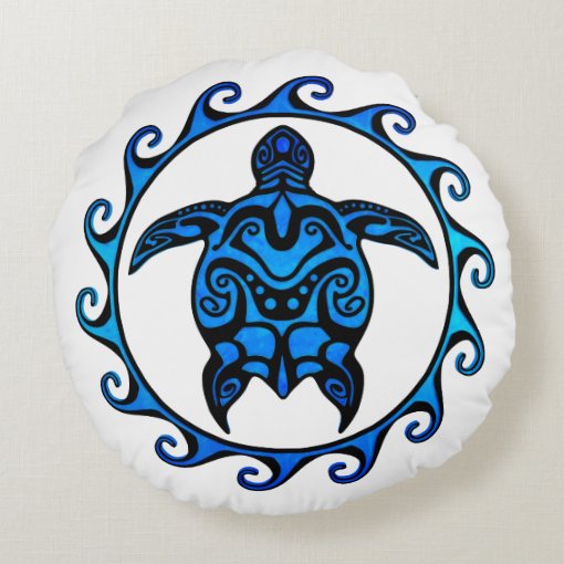 Blue Tribal Turtle Sun Round Pillow | Zazzle