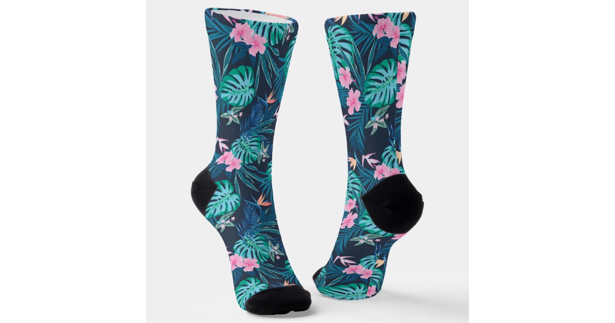 Blue Tropical Flower Garden Pattern Socks | Zazzle