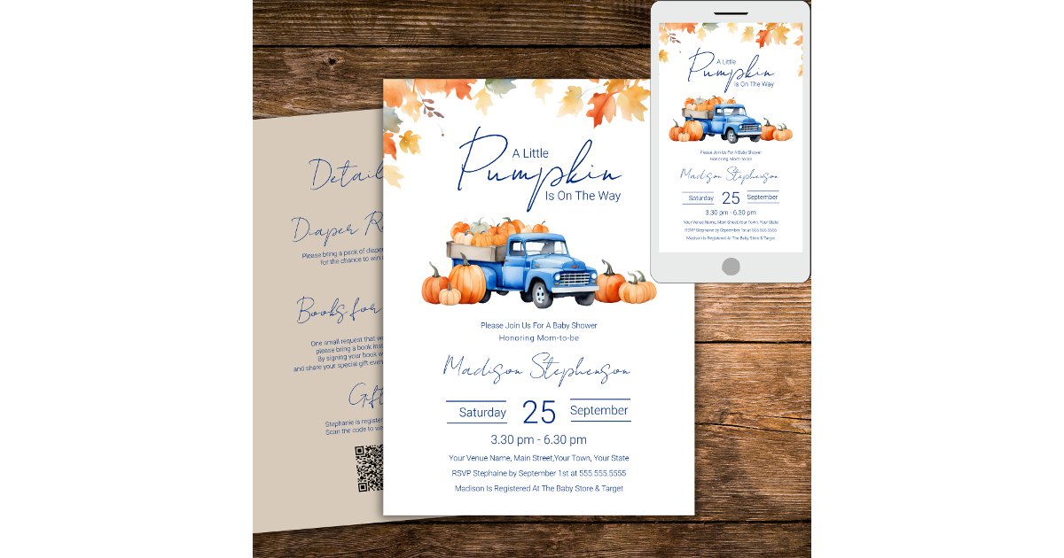 Blue Truck & Little Pumpkin on The Way QR Code Invitation | Zazzle