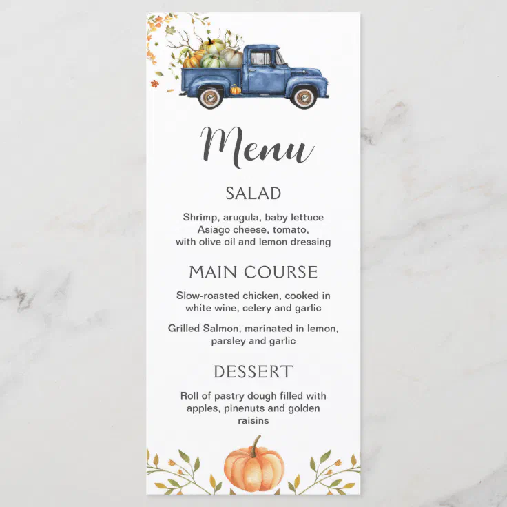 Blue truck menu, editable pumpkin printable menu | Zazzle