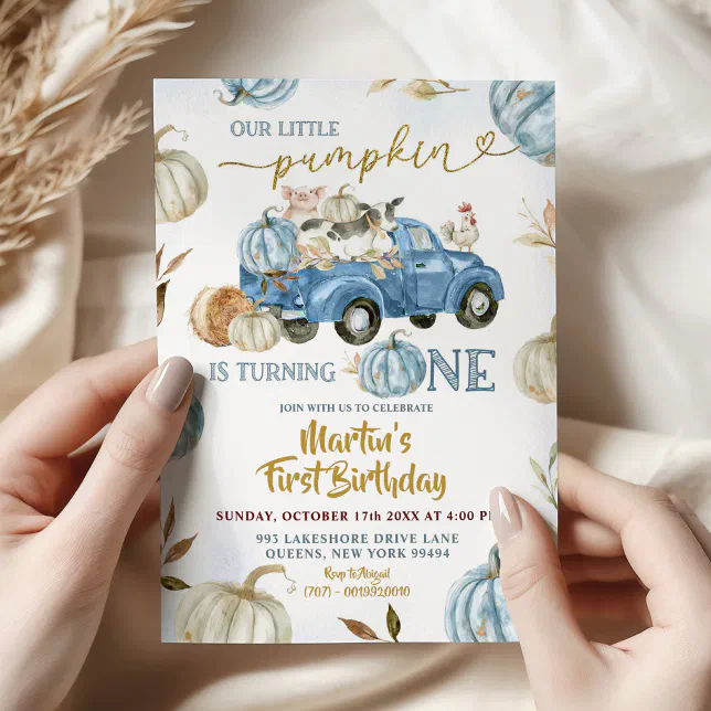 Blue Truck Pumpkin Farm 1st Birthday Boy Invitation | Zazzle