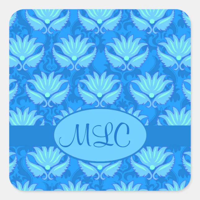Blue Turquoise Art Nouveau Damask Monogram Square Sticker | Zazzle