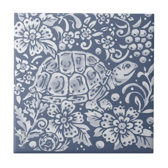 Blue Turtle Snail Floral Woodland Garden Animal Ceramic Tile | Zazzle