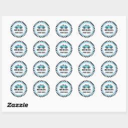 Blue Two fast Race Car party circle Classic Round Sticker | Zazzle