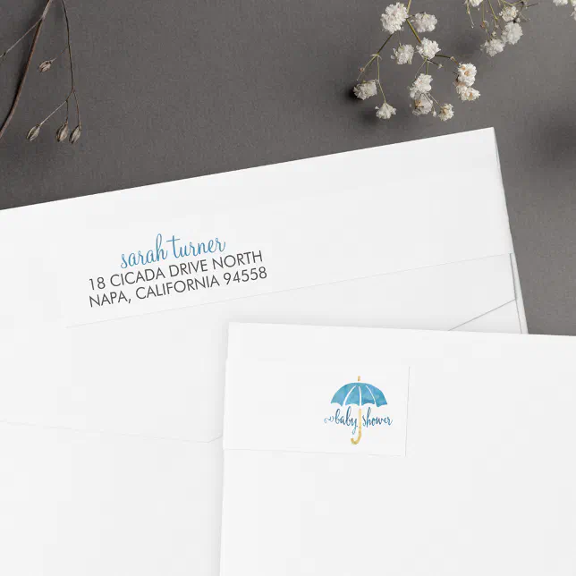 Blue Umbrella Baby Shower Return Address Labels | Zazzle