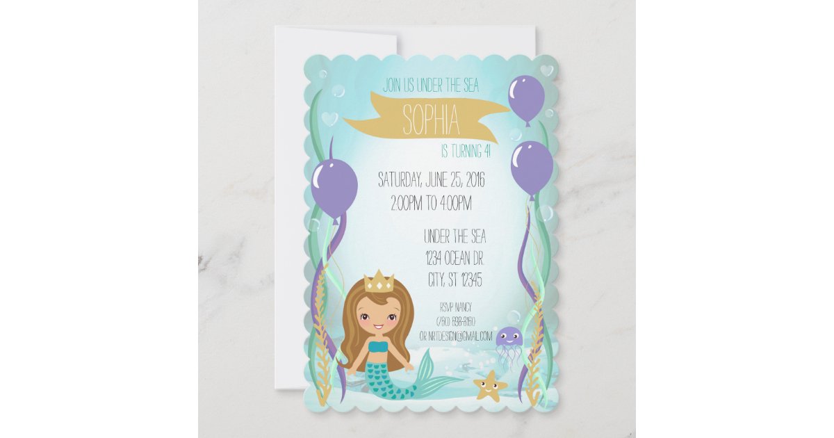Blue Underwater Mermaid Princess Brown Invitation | Zazzle