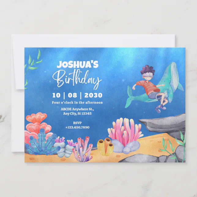 Blue Underwater Sea Ocean boy diving birthday Invitation | Zazzle