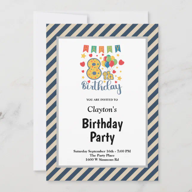 Blue/Vanilla Stripes Framed 8th Birthday Party Invitation | Zazzle