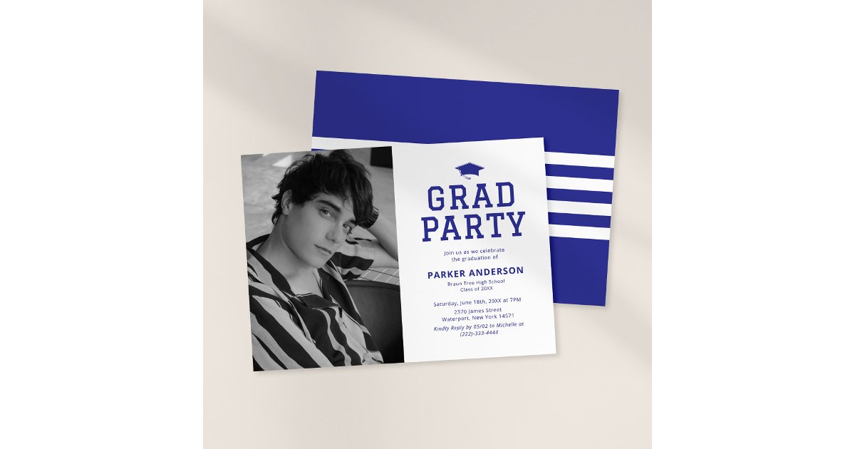 Blue Varsity Photo Graduation Party Invitation | Zazzle