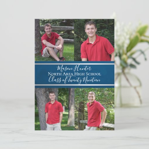 Blue Varsity Quad Photo Graduation Invitation | Zazzle