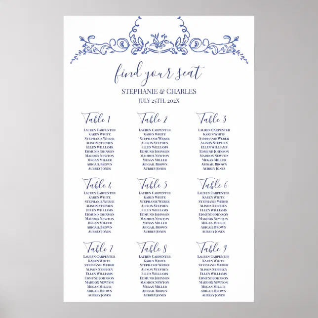 Blue Victorian Wedding Seating Chart | Zazzle