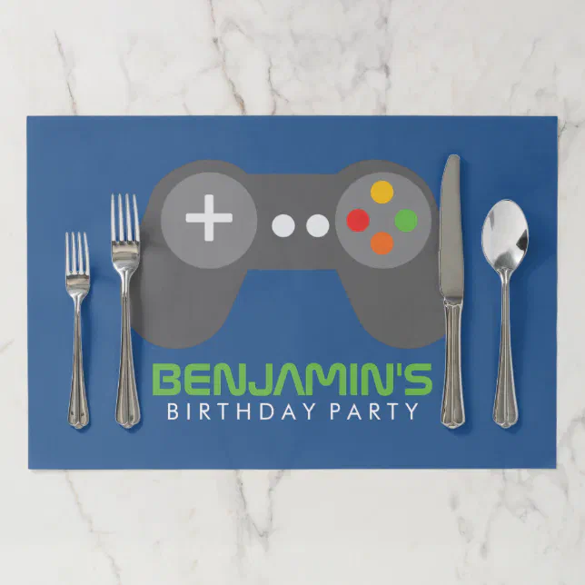 Blue Video Game Theme Kids Birthday Party Paper Placemat | Zazzle