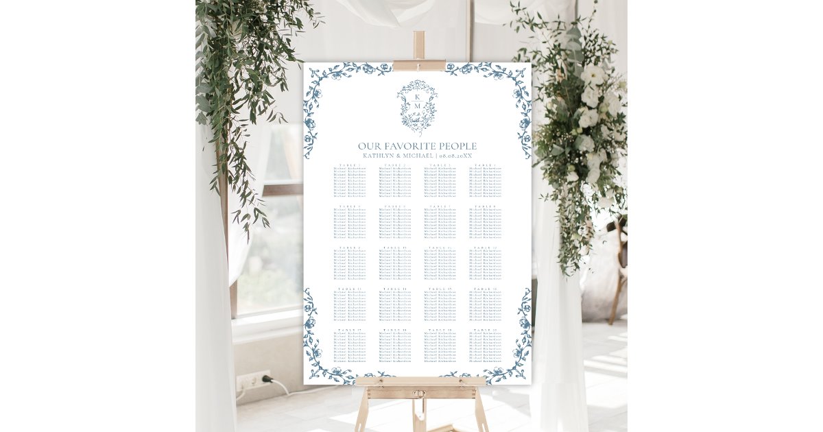 Blue Vintage Crest Wedding 20 Table Seating Poster | Zazzle